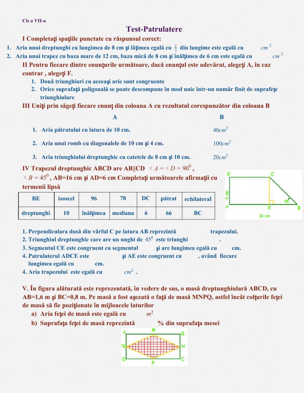 Test- Patrulatere, cls a VII-a A online exercise for | Live Worksheets