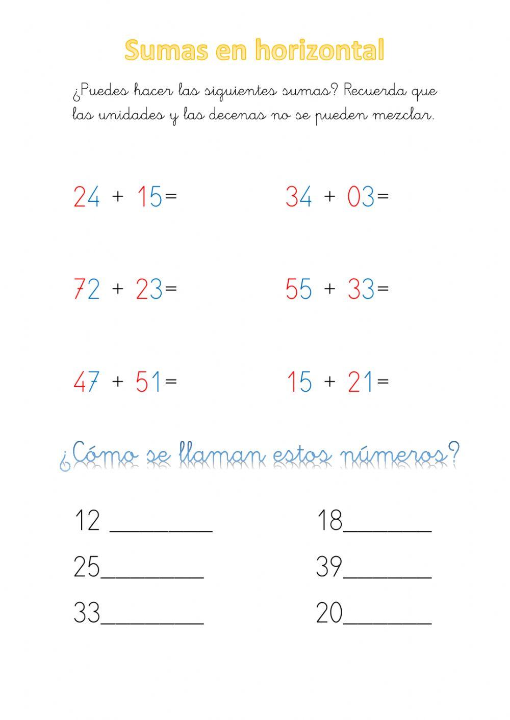 Sumas en horizontal exercise | Live Worksheets