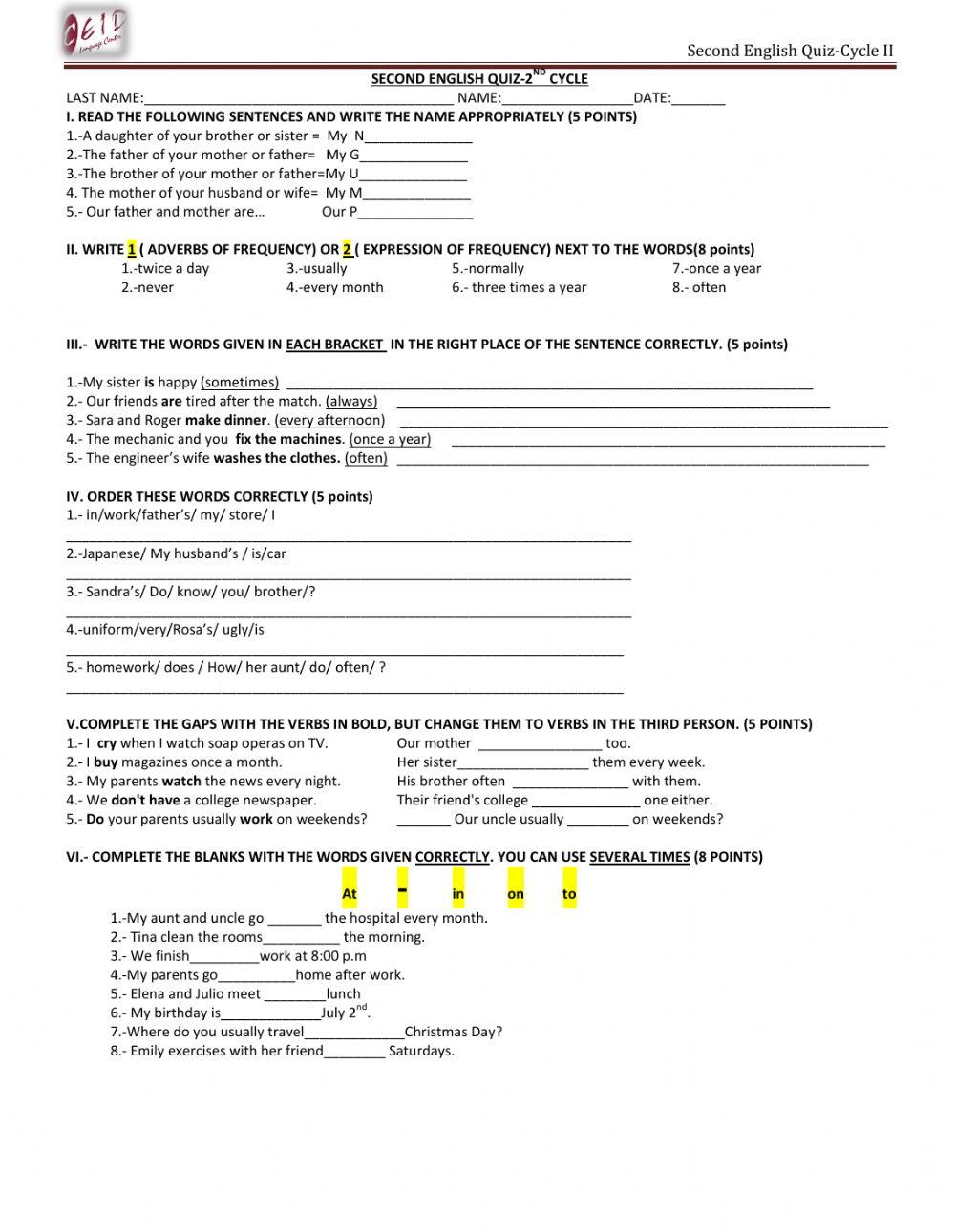 Second quiz-second cycle worksheet | Live Worksheets
