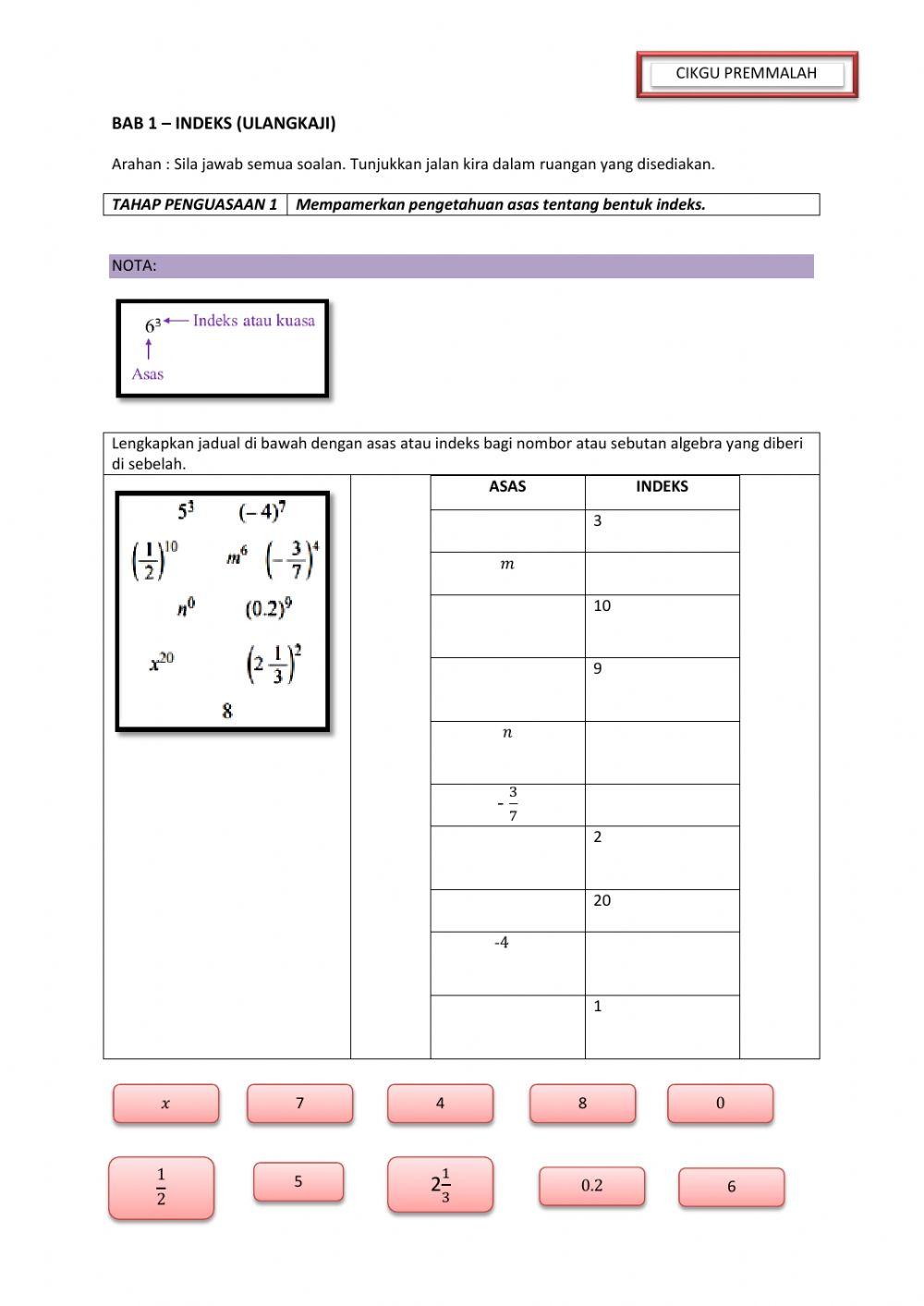 542856 | Indeks | PREMMALAH SUBRAMANIAM | LiveWorksheets
