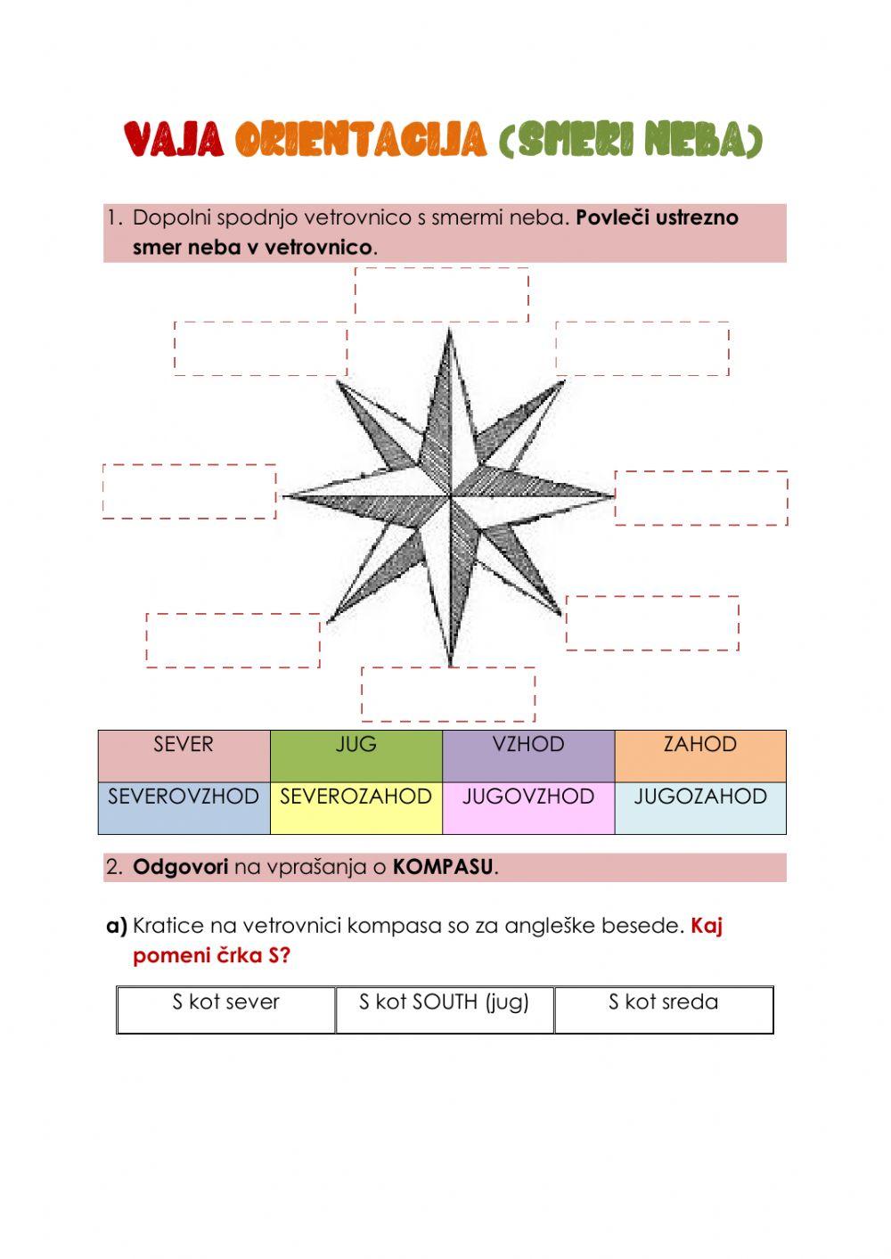 VAJA ORIENTACIJA (SMERI NEBBA) DRU6 online exercise for | Live Worksheets