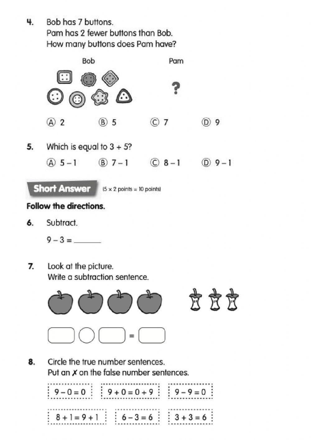 Chapter 4. Subtraction Facts to 10 online exercise for | Live Worksheets