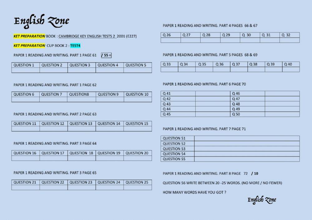 Answer sheet - ket practice - test 4 - pages 61-72 - worksheet | Live ...