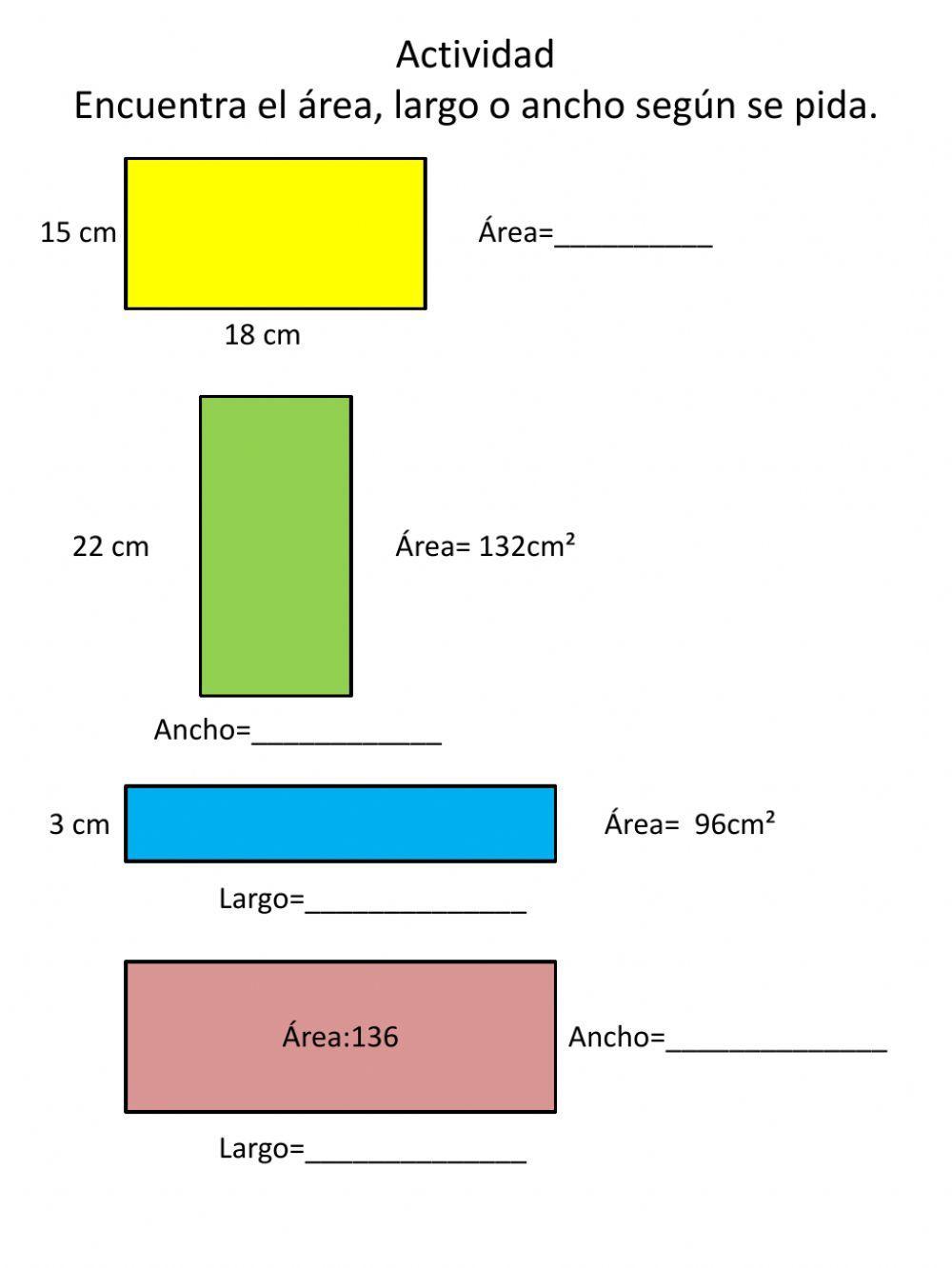 Área, largo y ancho de rectangulos. worksheet | Live Worksheets