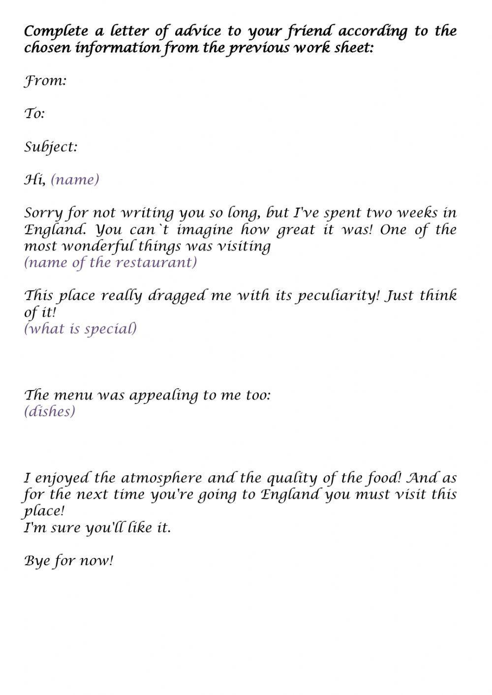 Letter of advice | Free Interactive Worksheets | 545873