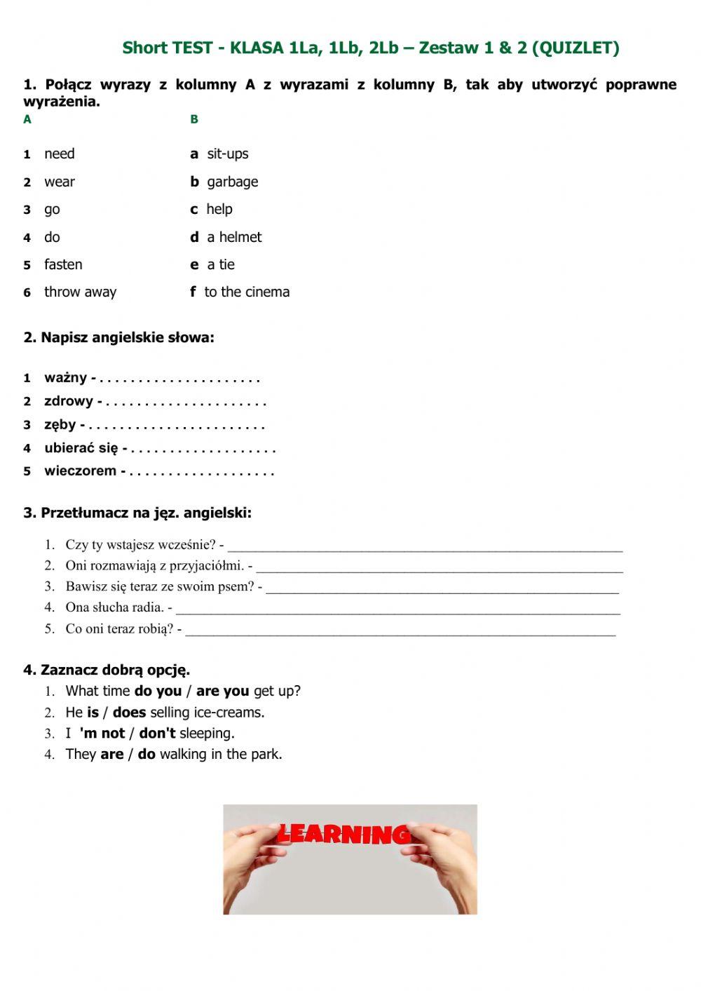 Short test - daily activities worksheet | Live Worksheets