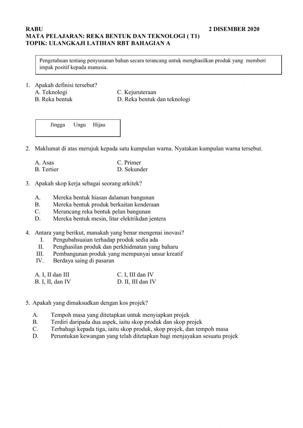 Latihan rbt bahagian a worksheet | Live Worksheets