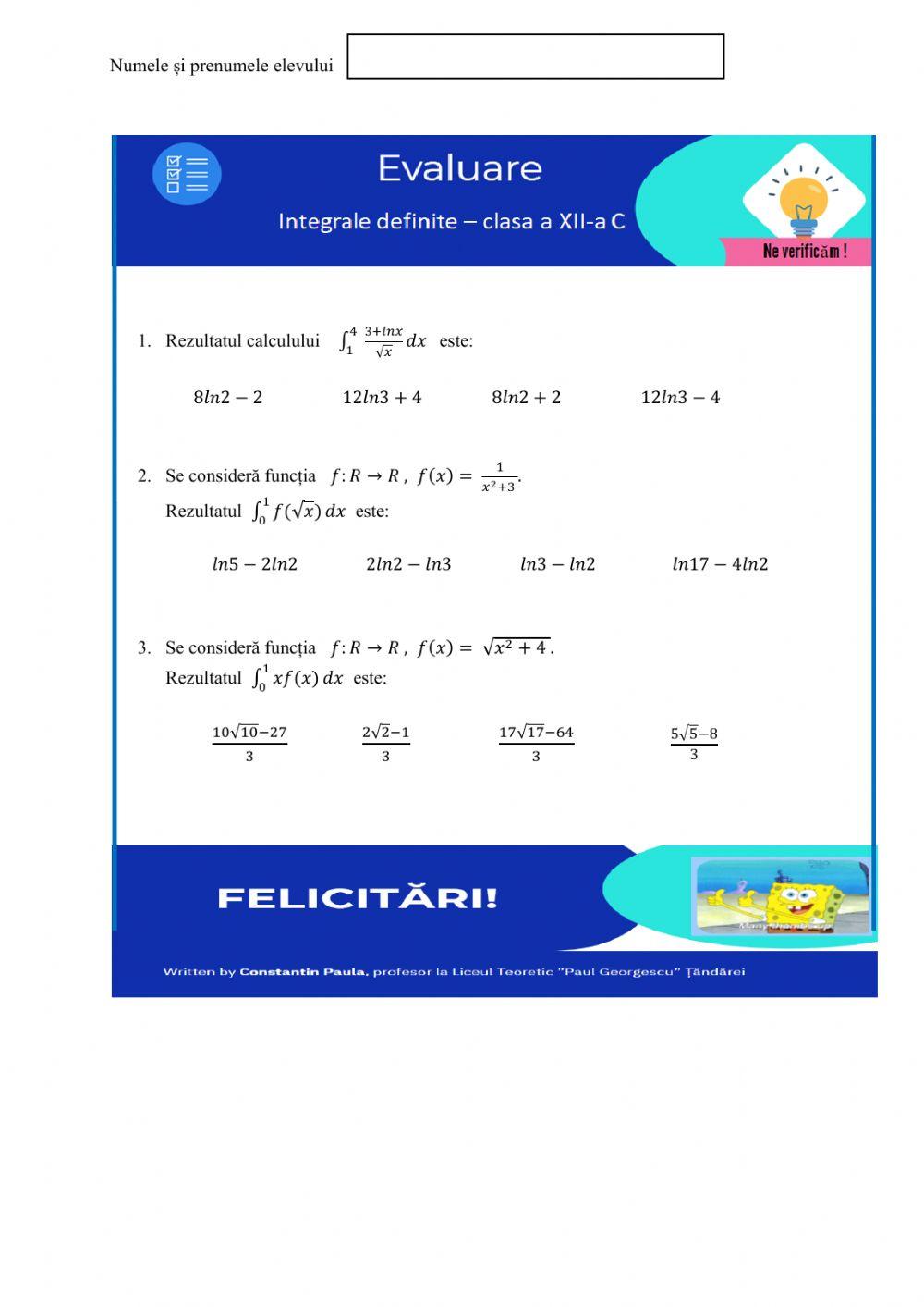 Test - Integrale definite 2 worksheet | Live Worksheets