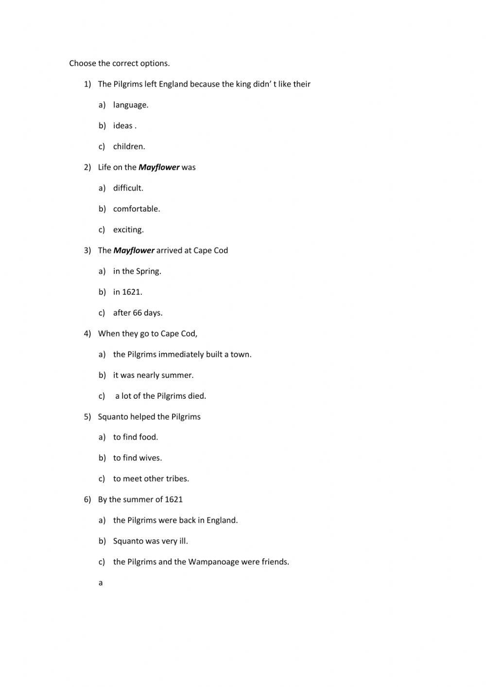 The Mayflower interactive worksheet | Live Worksheets