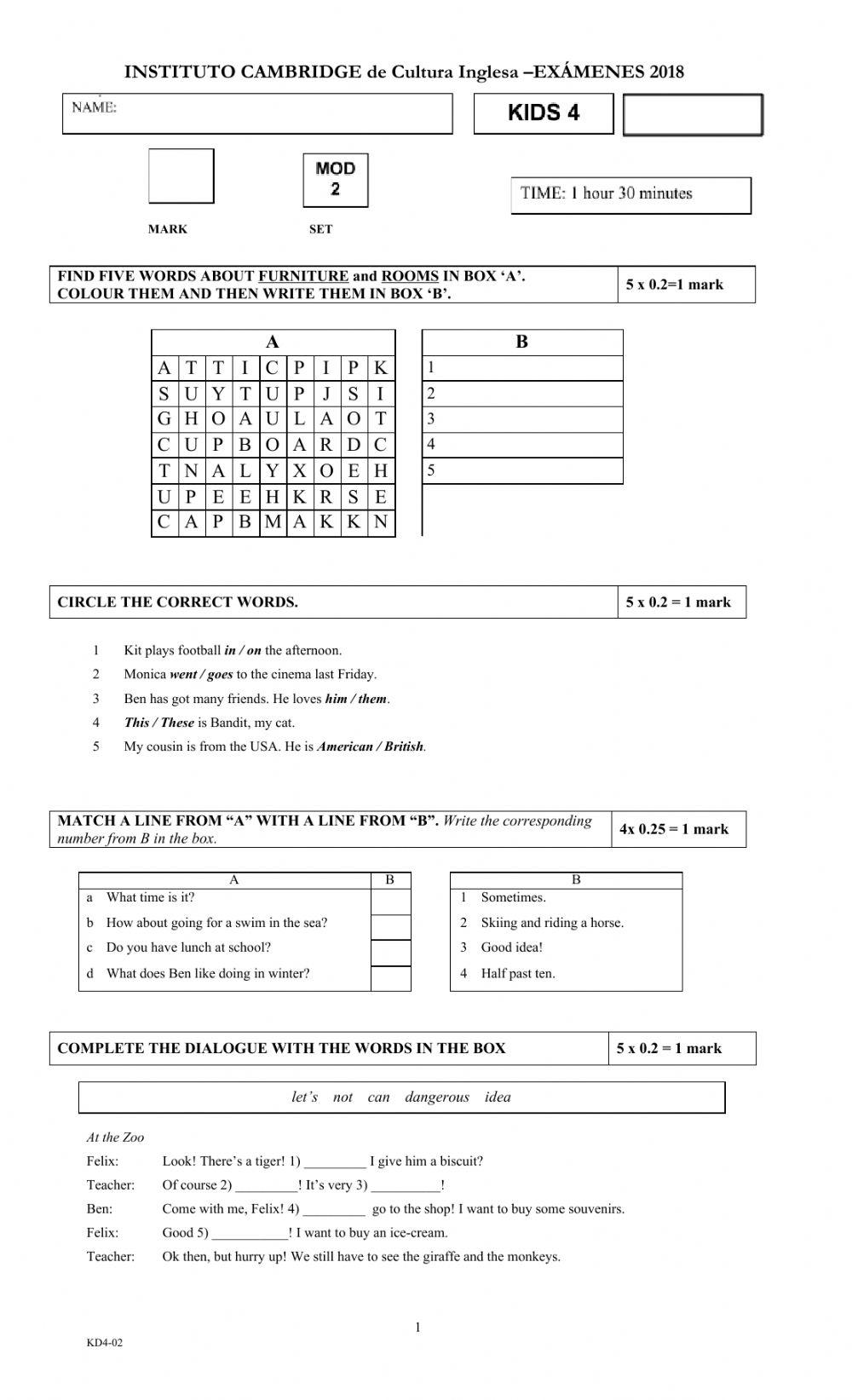 K4 exam M2 2018 493590 | guadalupe1996 | Live Worksheets