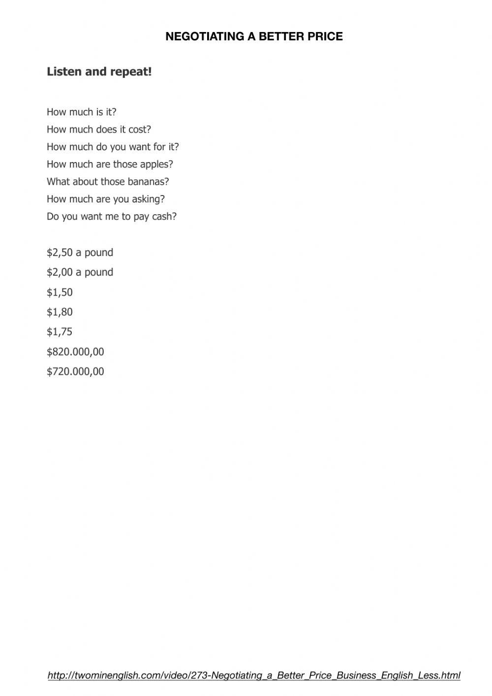 Negotiating a better price online exercise for | Live Worksheets