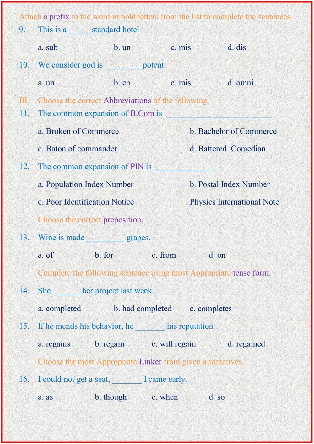 X std english worksheet worksheet | Live Worksheets