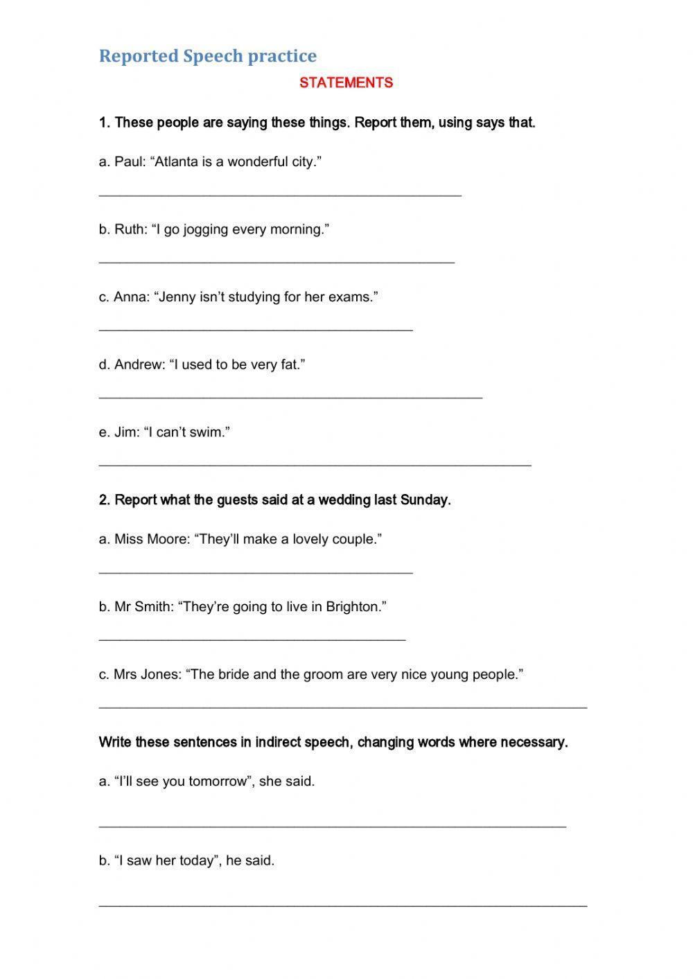 Reported Speech online exercise for upper intermediate | Live Worksheets