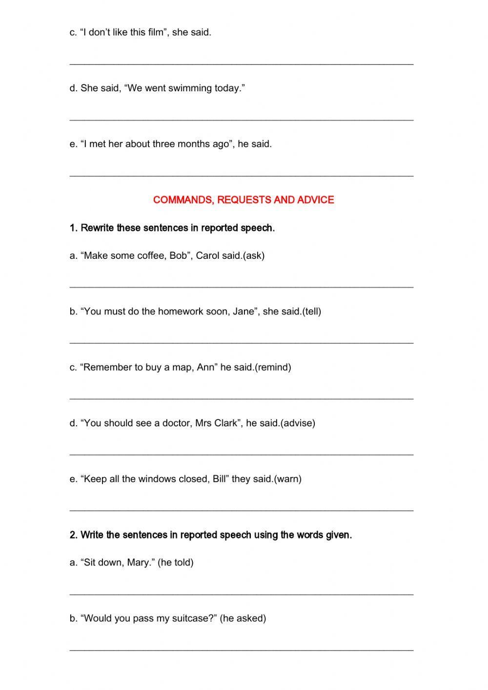 Reported Speech online exercise for upper intermediate | Live Worksheets