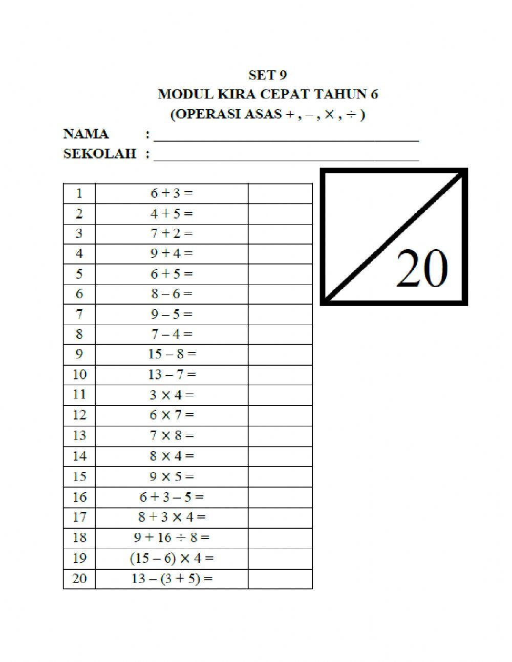 Modul kira cepat interactive worksheet | Live Worksheets