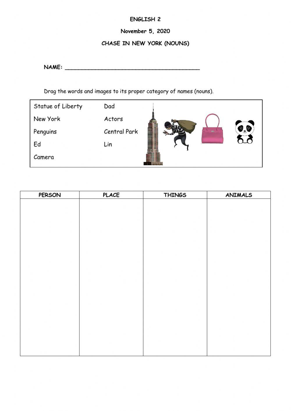 Chase in New York (Nouns) worksheet | Live Worksheets