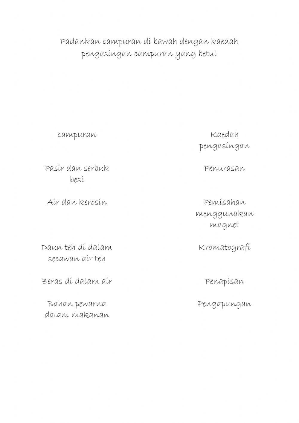 Pengasingan campuran worksheet | Live Worksheets