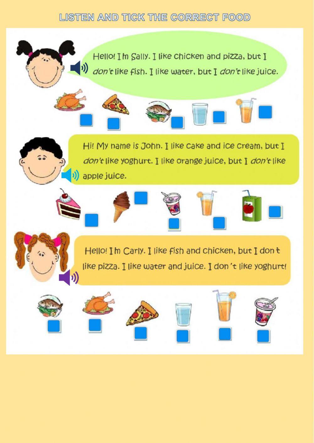 551600 | Food, listen and tick | JEO | LiveWorksheets