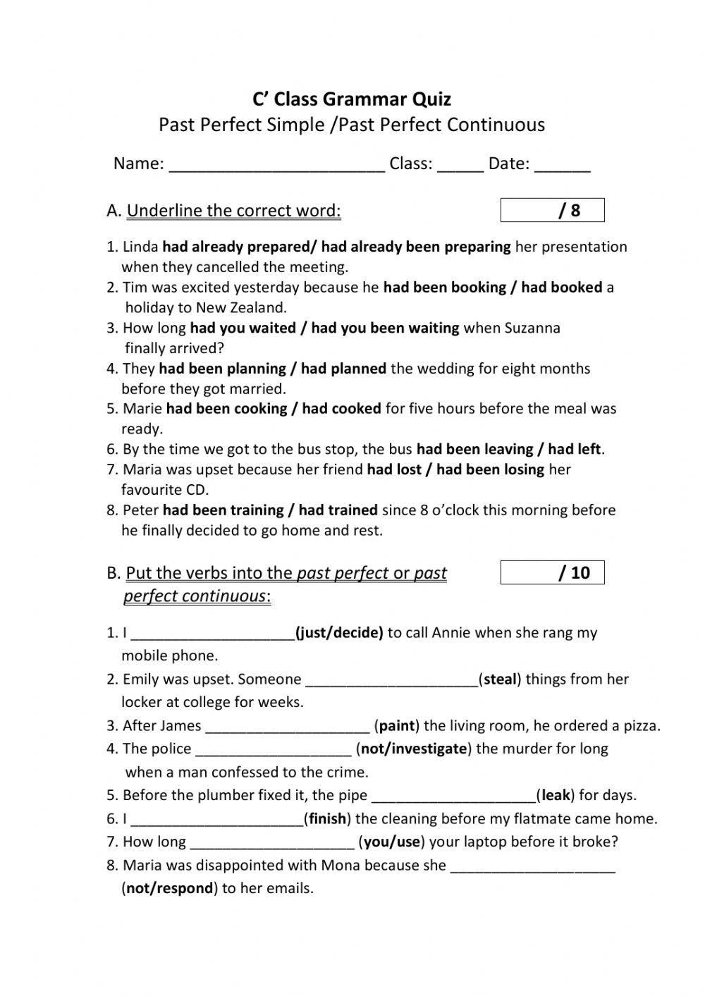 C' Class - Past Perfect simple-continuous worksheet | Live Worksheets