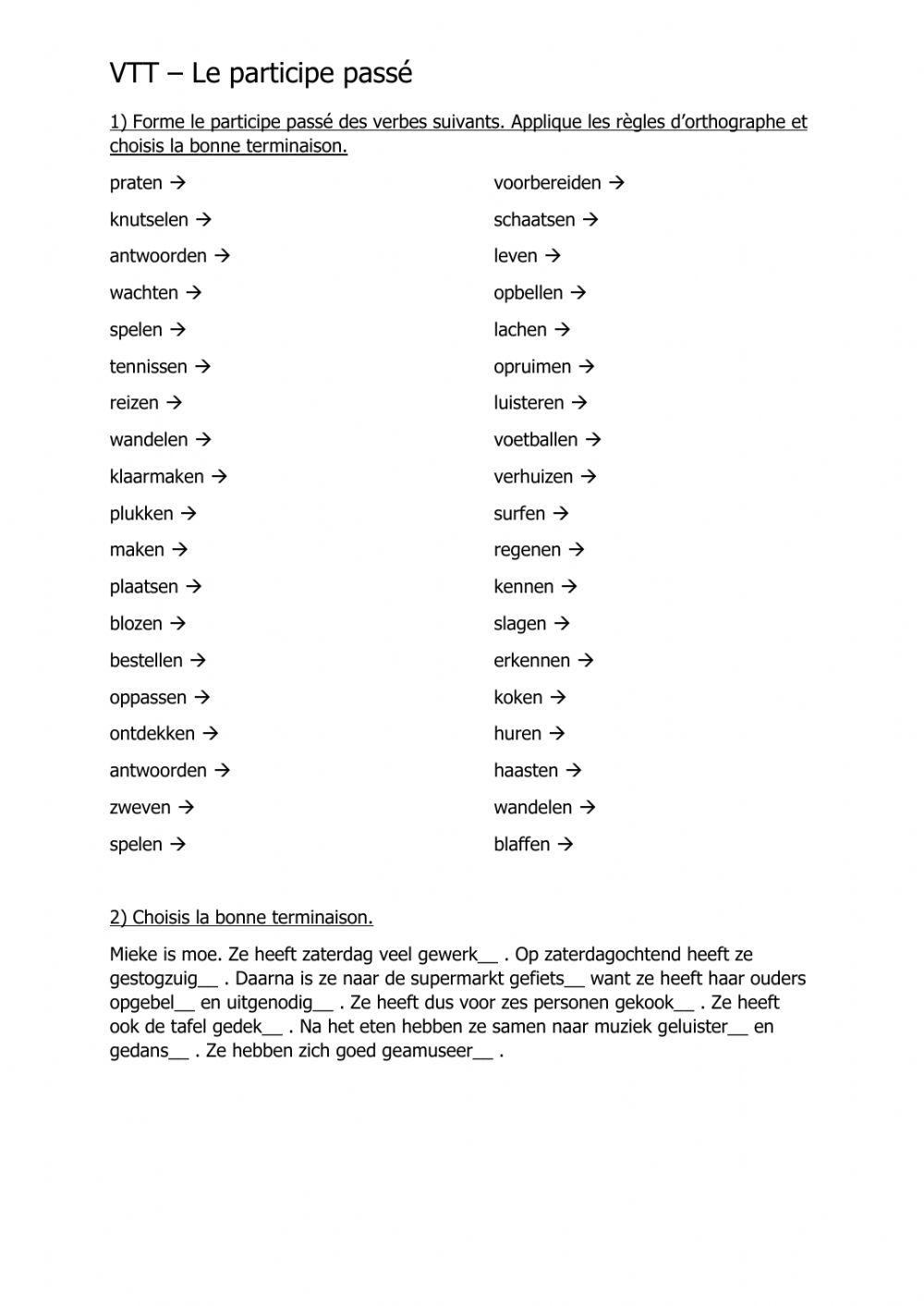 VTT - Formation du participe passé worksheet | Live Worksheets