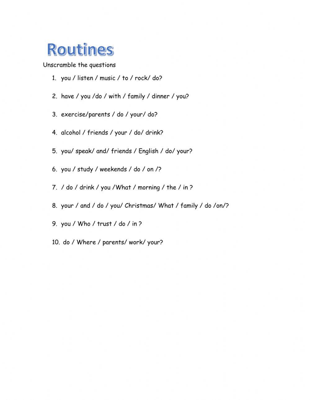 Routines (quest… | Free Interactive Worksheets | 551801