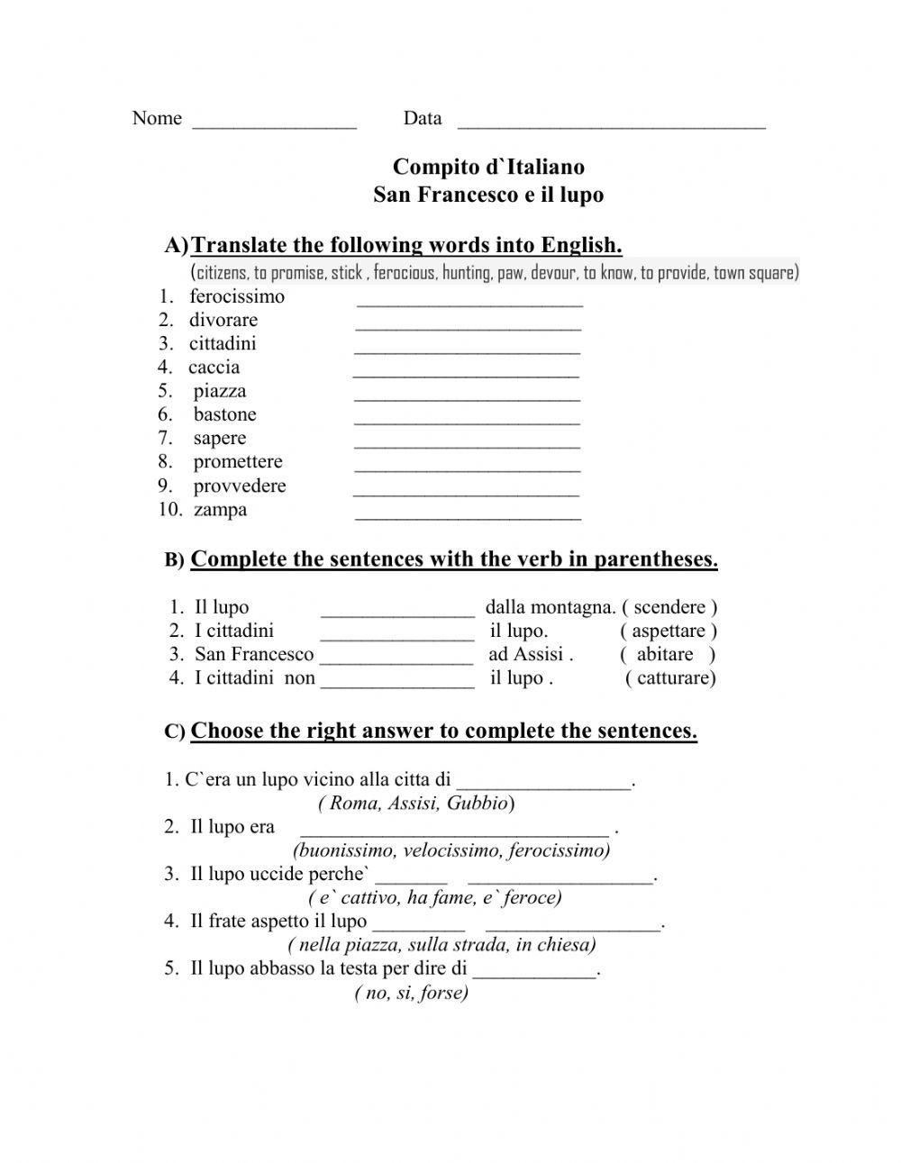Test San Francesco worksheet | Live Worksheets