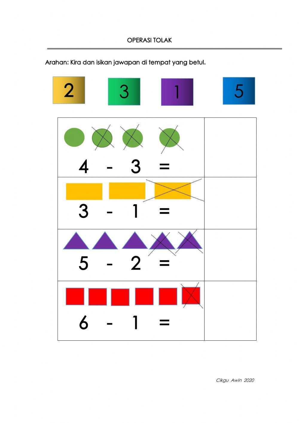 Operasi Tolak interactive activity for PPKI Tahun 1 | Live Worksheets