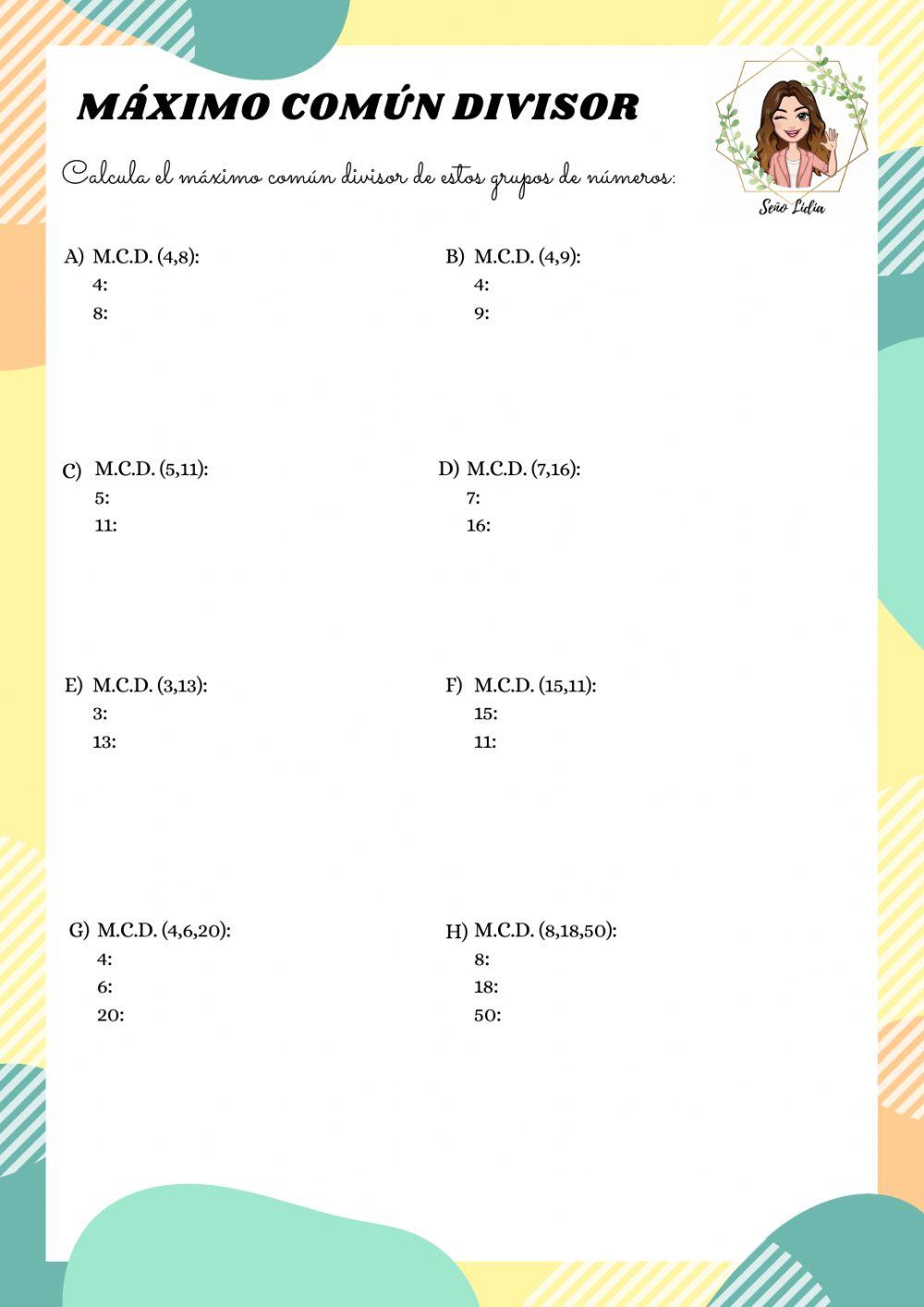 Máximo común di… | Free Interactive Worksheets | 552530