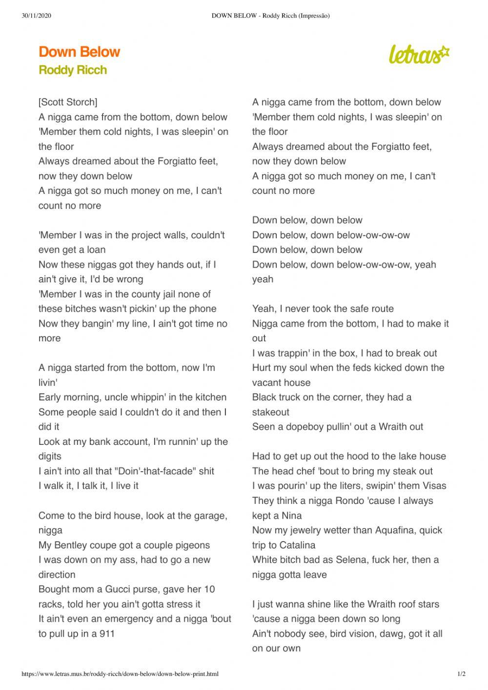 Down below -RODDY RICCH worksheet | Live Worksheets