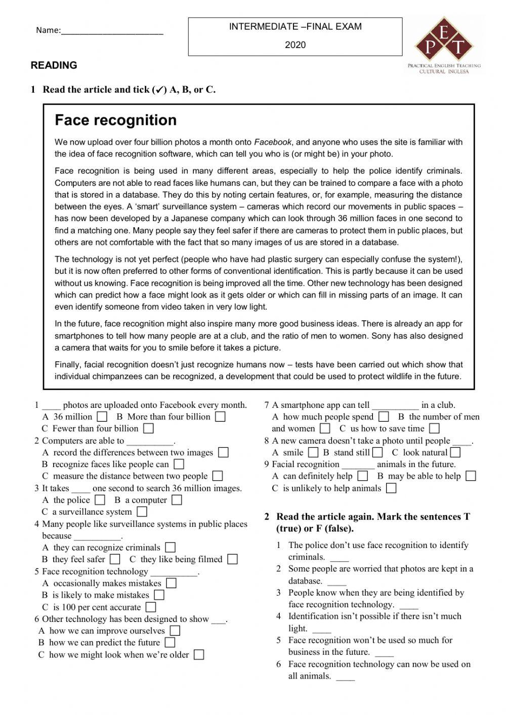 Written exam Intermediate 2020 worksheet | Live Worksheets