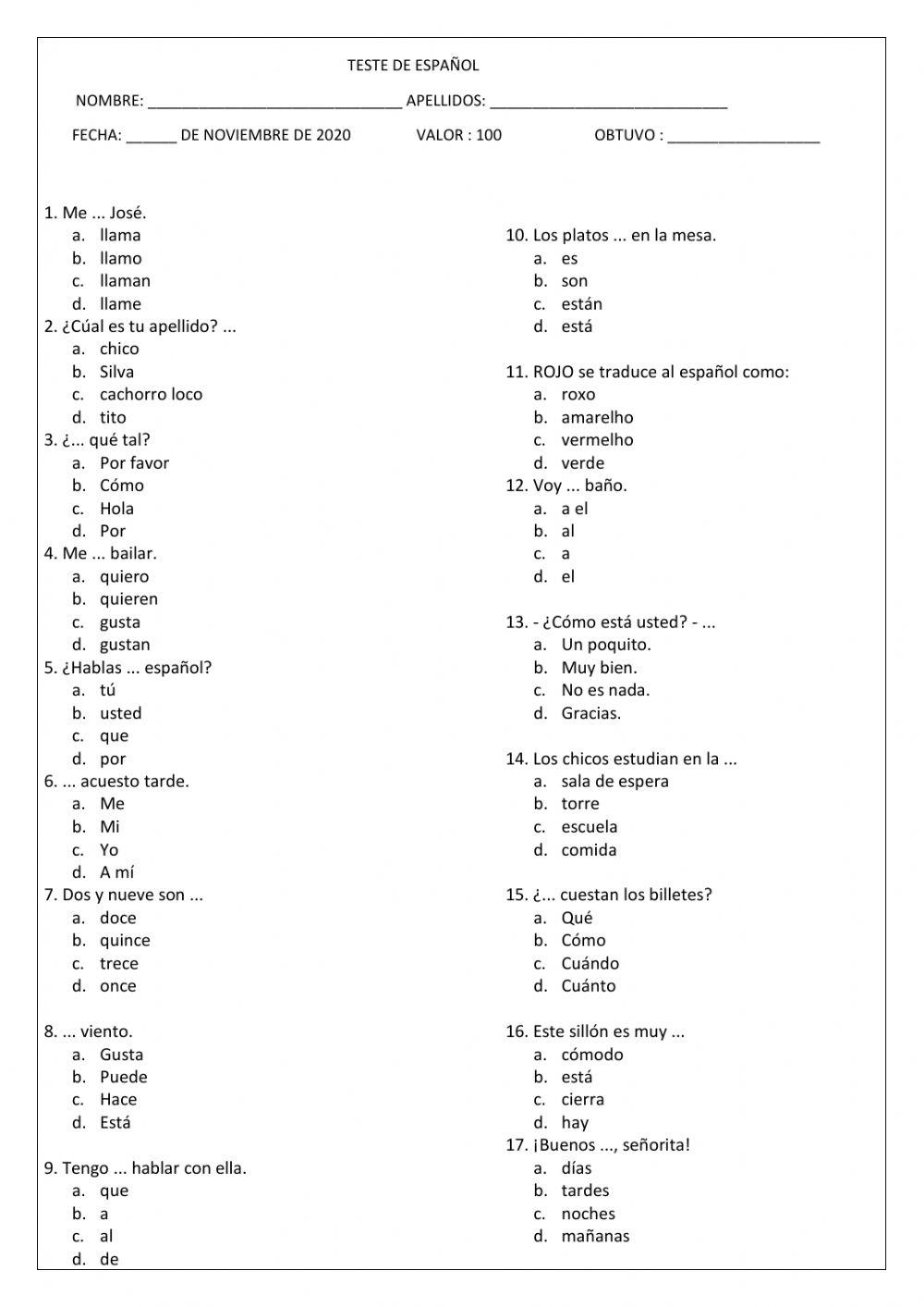 Teste de español Básico. worksheet | Live Worksheets