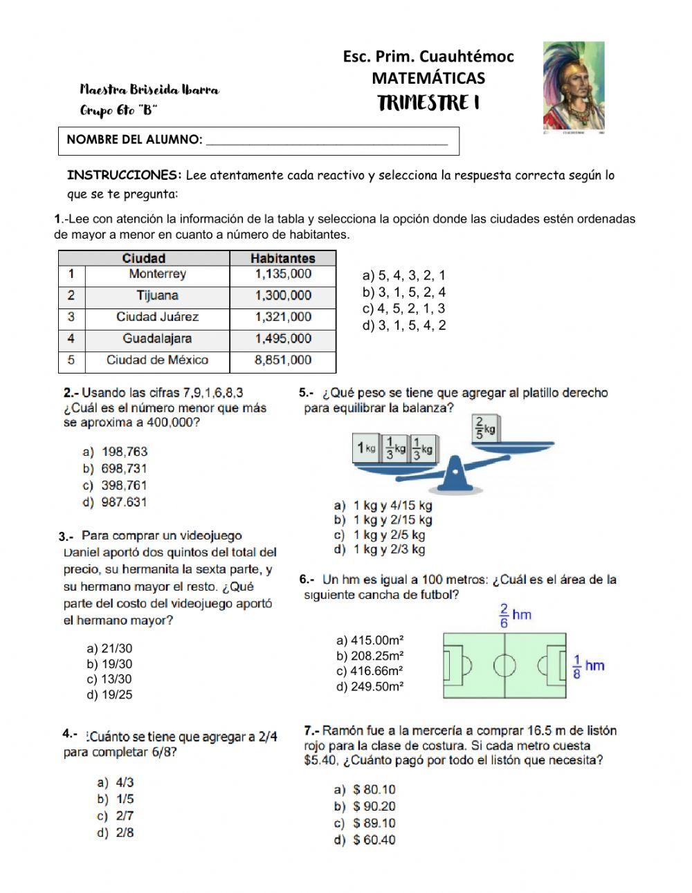 Examen Mate 6to Trimestre 1 worksheet | Live Worksheets
