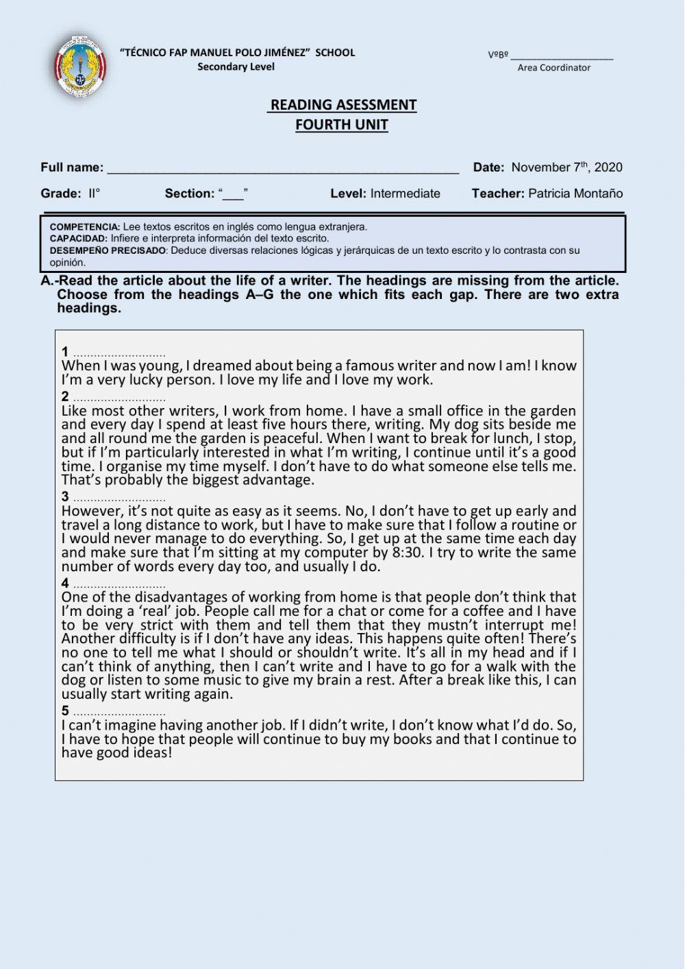 Reading online exercise for intermediate | Live Worksheets