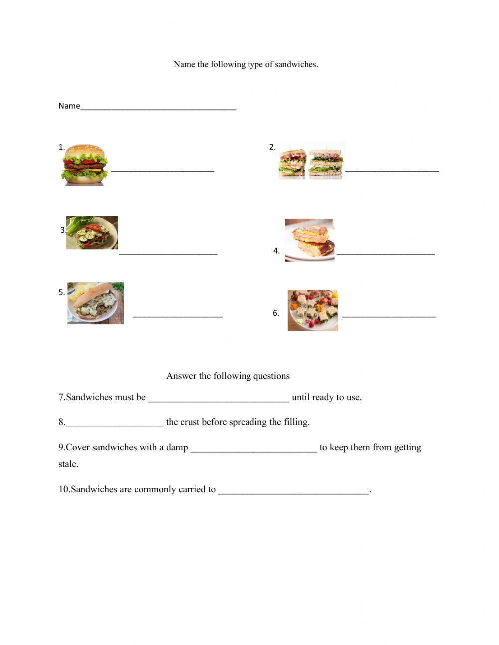 Sandwiches | Free Interactive Worksheets | 471223