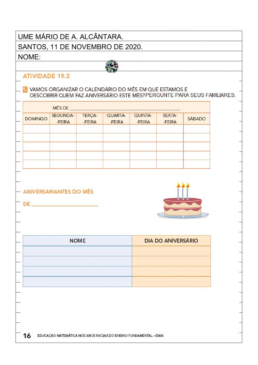 Calendário - aniversários do mês worksheet | Live Worksheets
