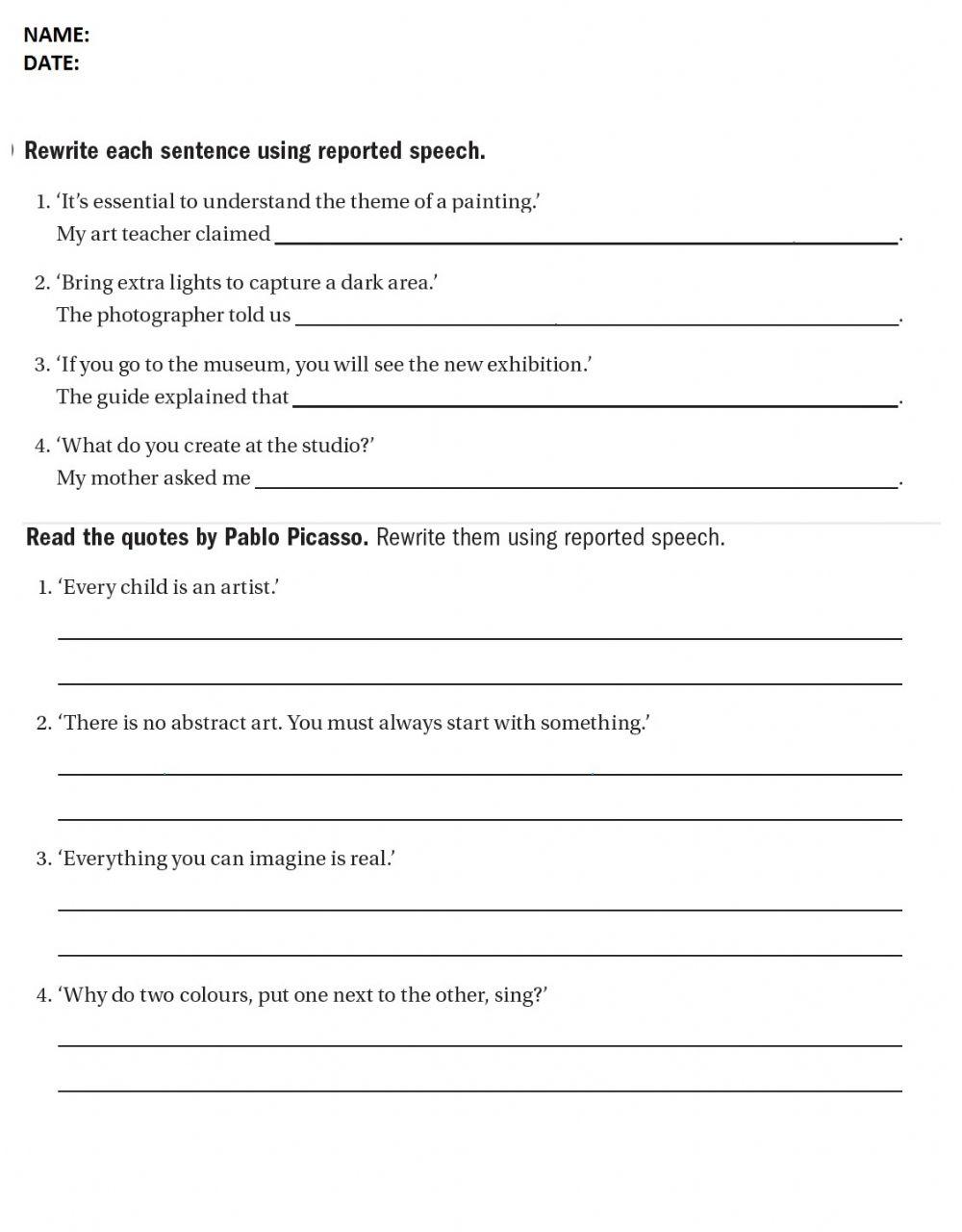 Reported Speech online exercise for Ninth | Live Worksheets