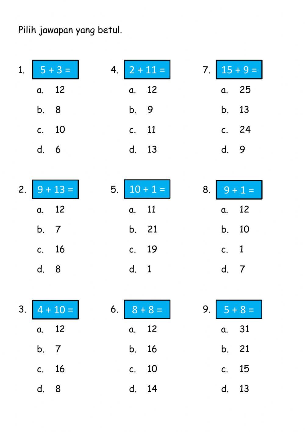 Operasi tambah | Free Interactive Worksheets | 474070
