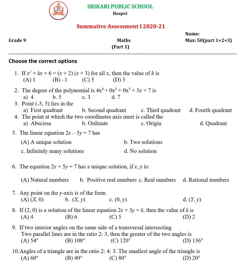 Srikari Public School IX std Maths SA 1 Part 1 worksheet | Live Worksheets