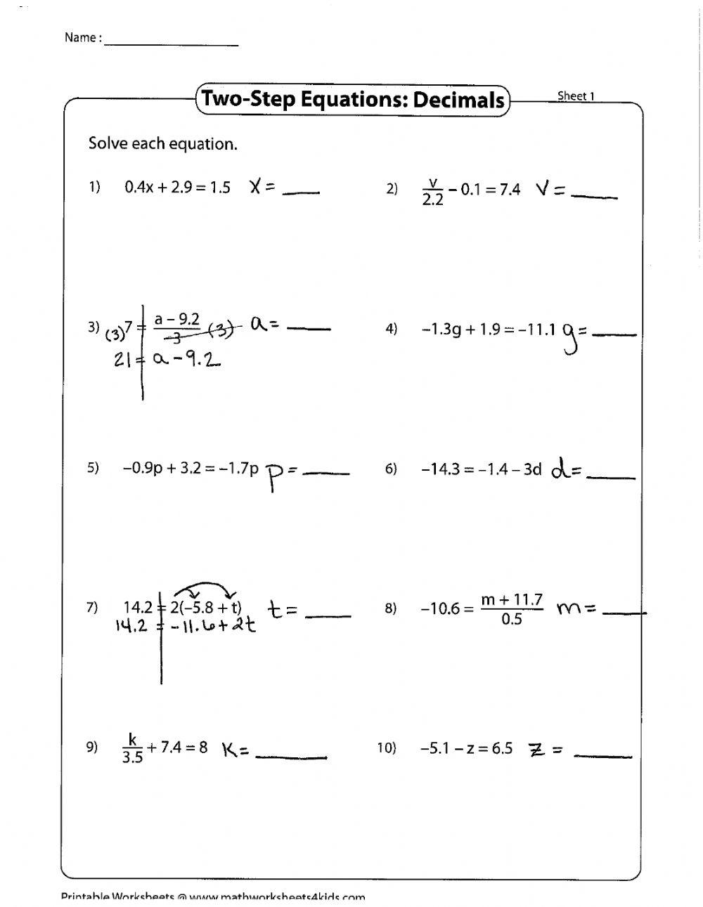 Mastering Two-Step Equations with Decimals: Worksheet Practice Mastering Two-Step Equations with Decimals: Worksheet Practice