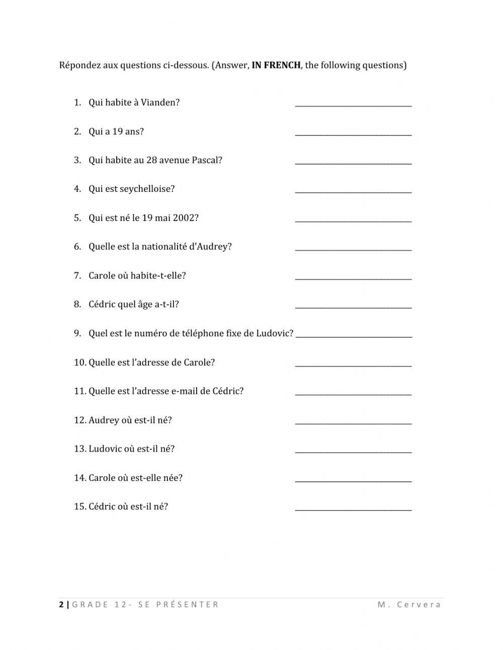 SE PRÉSENTER - EXERCICE 1 - GRADE 12 6206113