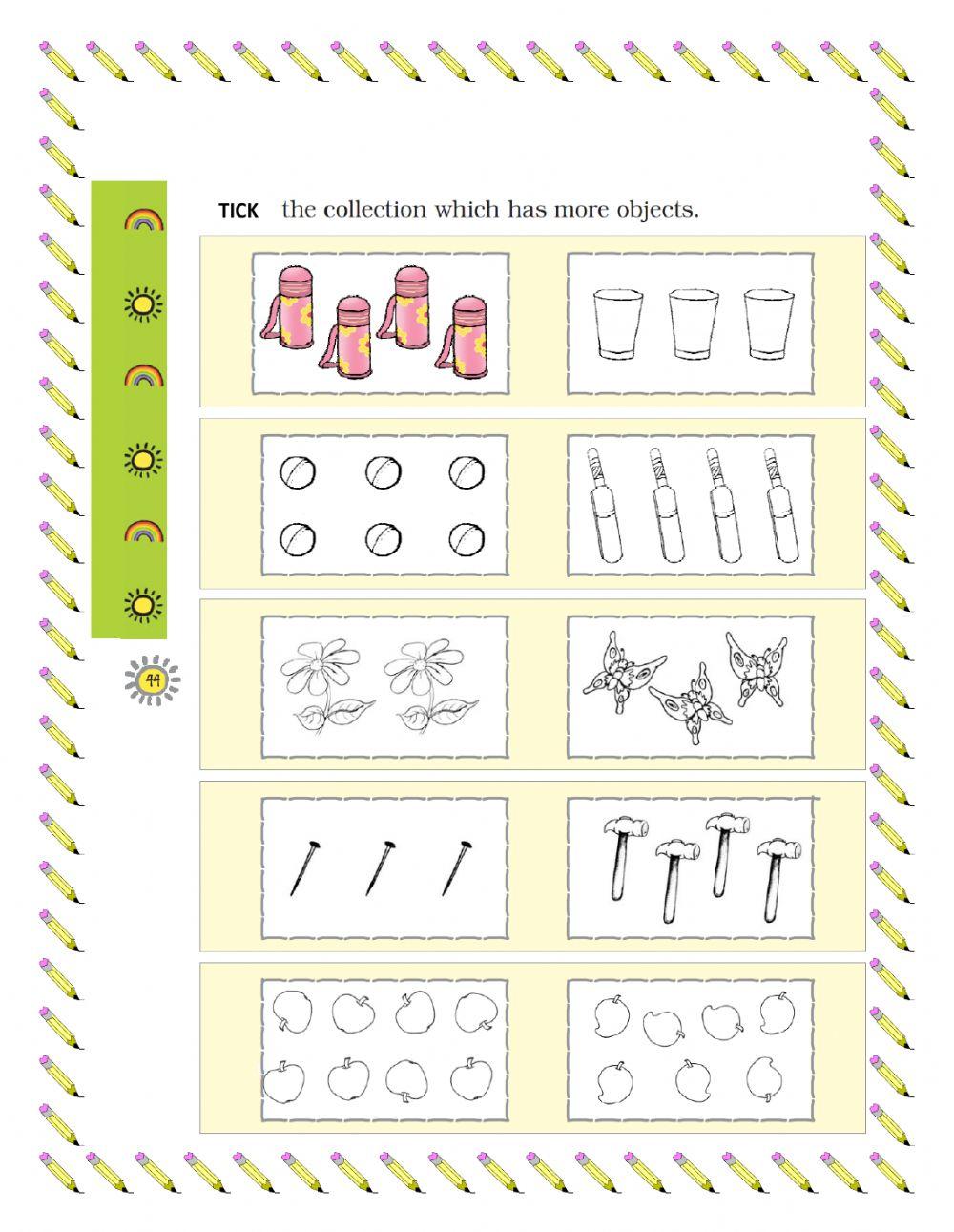 Numbers 1 to 9 TICK THE BIGGER COLLECTION OF OBJECTS worksheet | Live ...