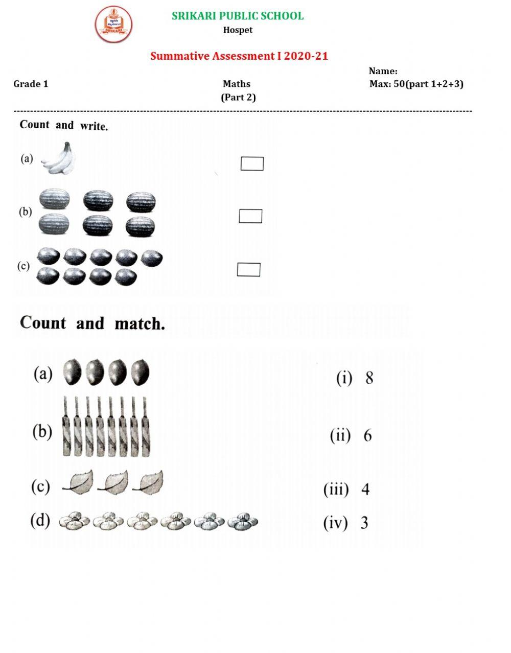 Srikari Public School I std Maths SA 1 Part 2 worksheet | Live Worksheets