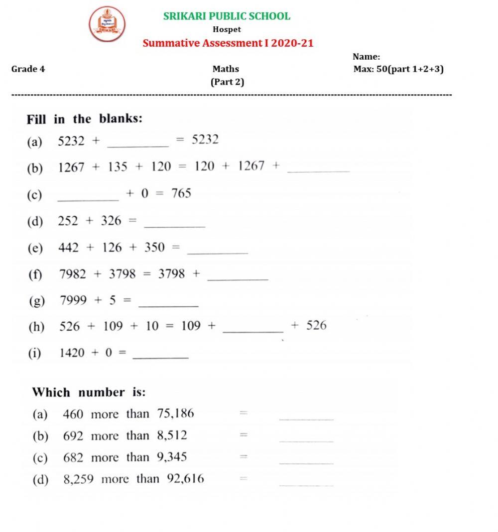 Srikari Public School IV std Maths SA 1 Part 2 worksheet | Live Worksheets
