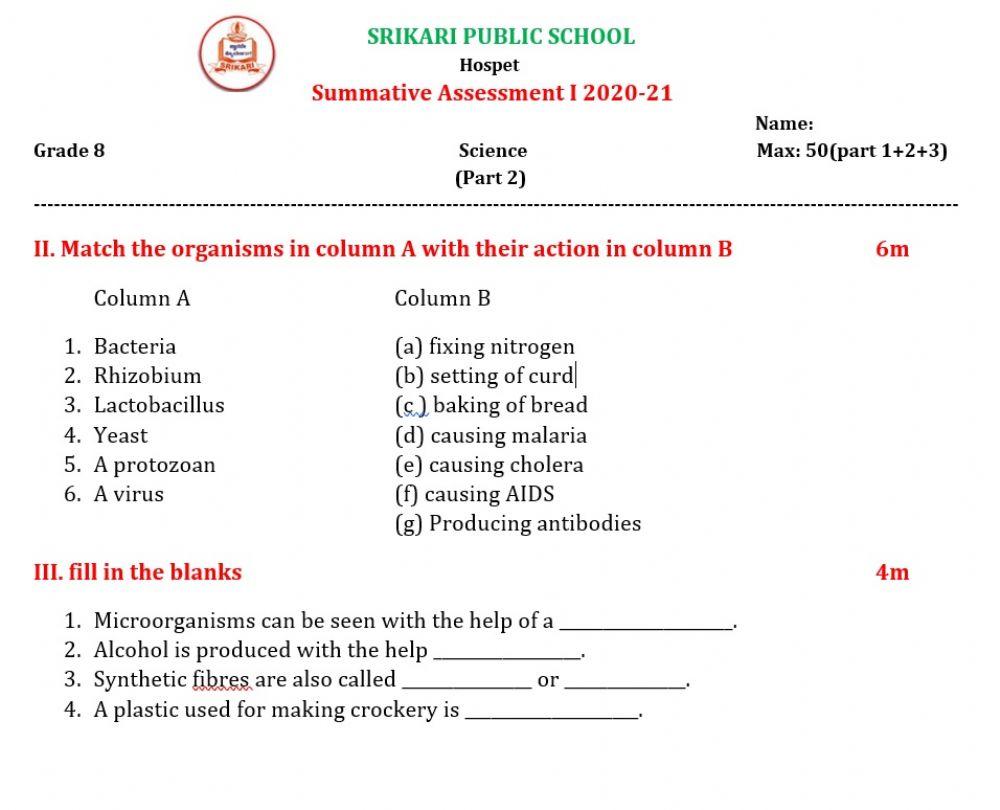Srikari Public School VIII std Science SA 1 Part 2 worksheet | Live ...