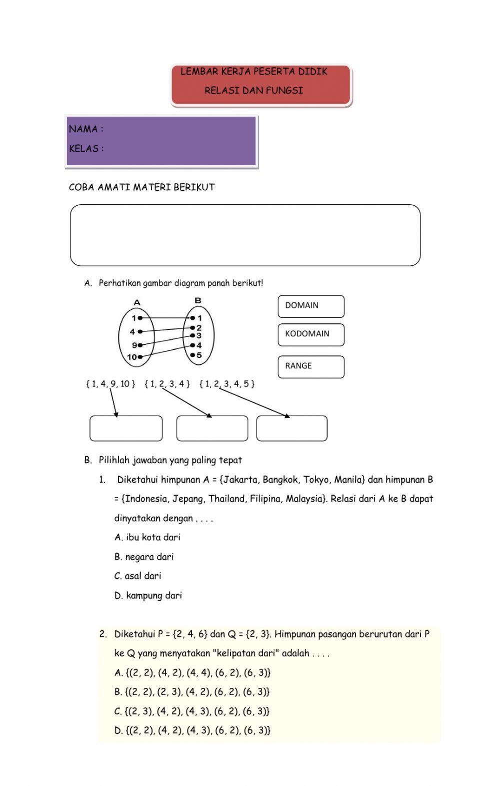 LKPD RELASI FUNGSI 1 worksheet | Live Worksheets