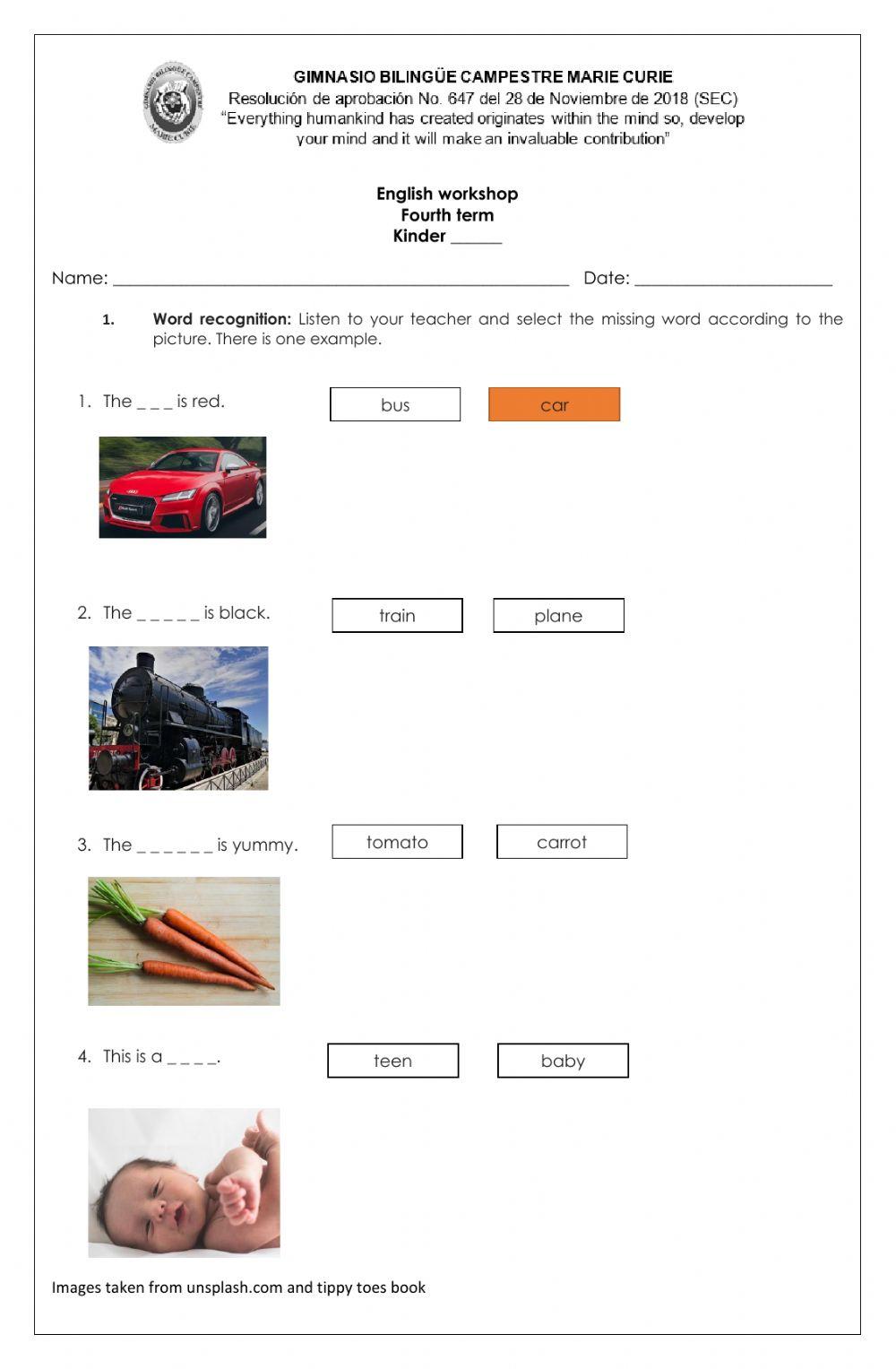 English exam activity for kinder | Live Worksheets