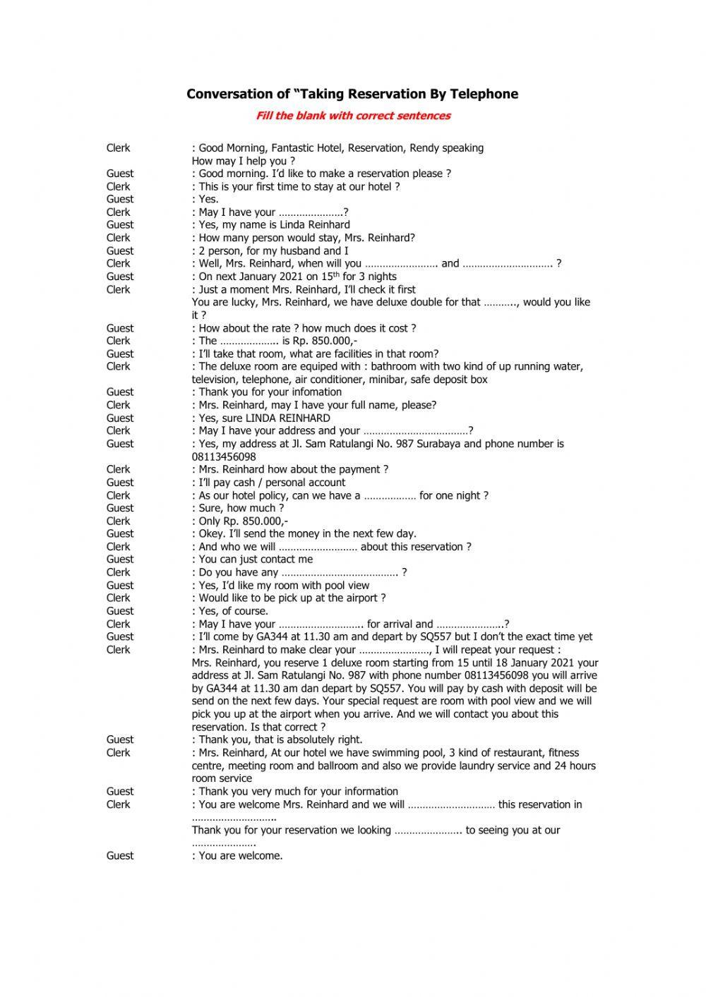 Reservation Conversation Quiz 1 479750 | Taty Hasrawati