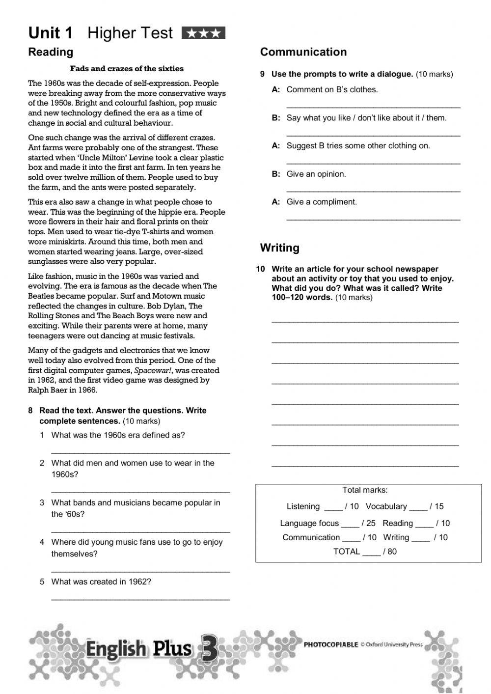 6212321 | Unit 1. Higher Test. English Plus 3