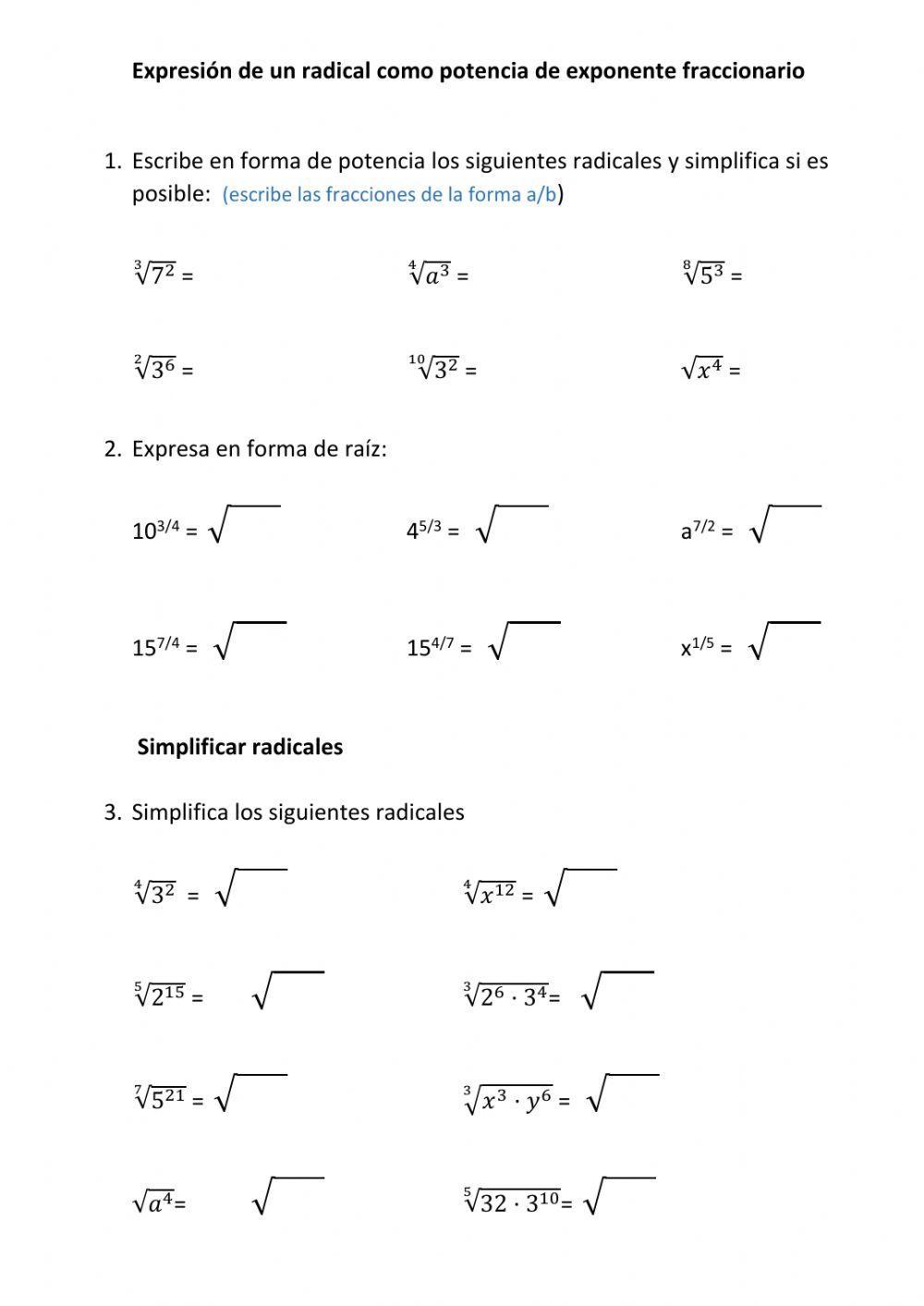 Radicales como potencias worksheet | Live Worksheets