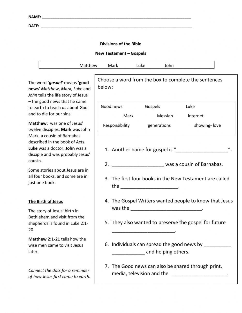 The Gospels | Free Interactive Worksheets | 483550